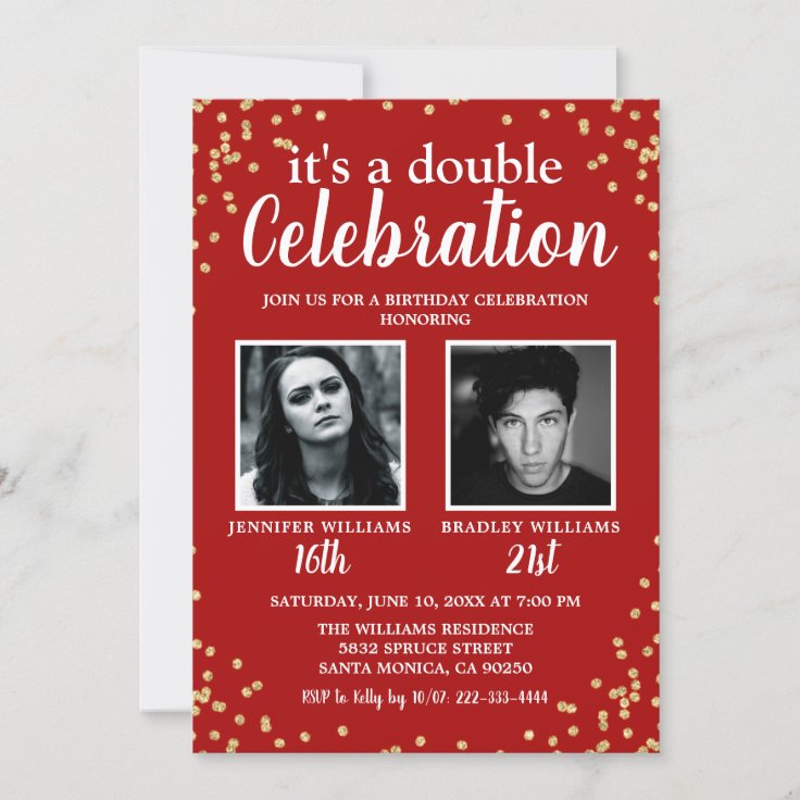Custom Photo Red Gold Birthday Invitation | Zazzle