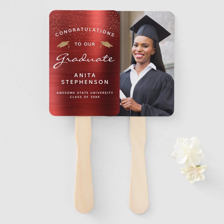 Custom Photo Red Metallic White Gold Graduation Hand Fan | Zazzle