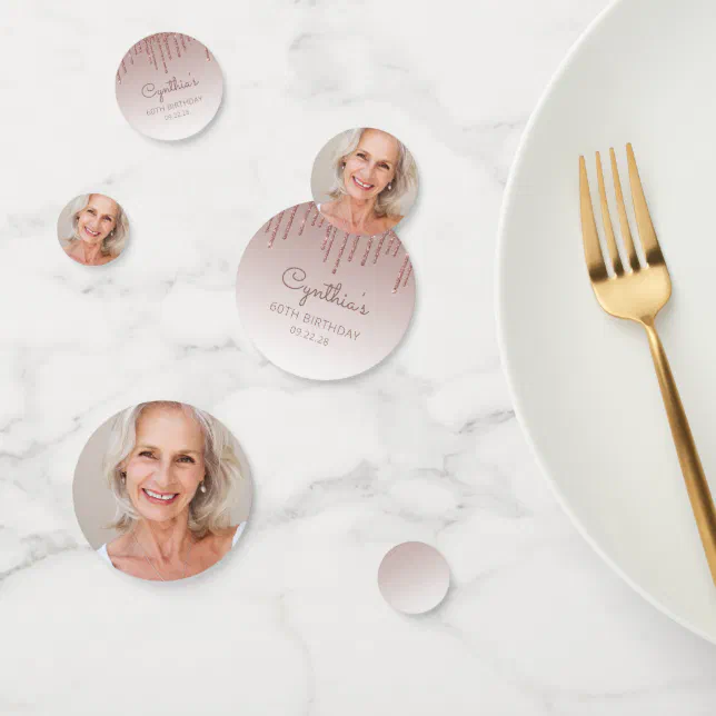 Custom Photo Rose Gold Glitter Drip 60th Birthday Confetti | Zazzle