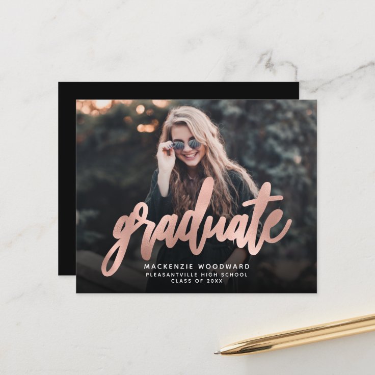 Custom Photo Rose Gold Script Grad Announcement | Zazzle