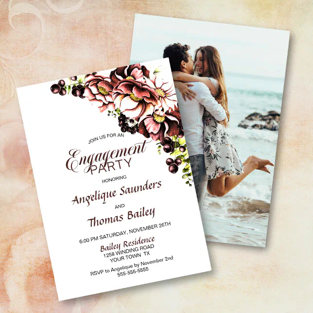 Custom Photo Rustic Fall Floral Engagement Party Invitation | Zazzle