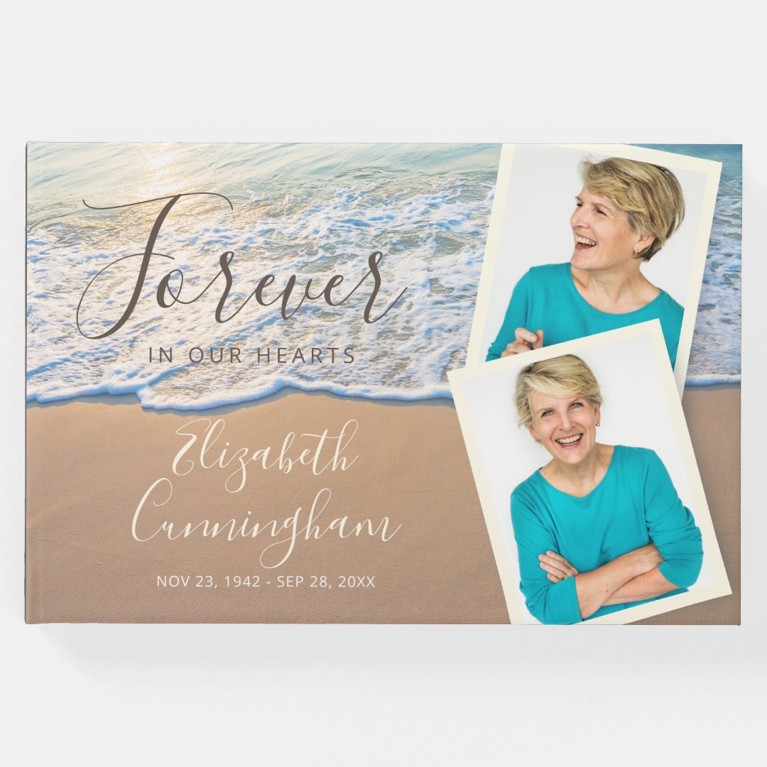 Custom Photo Sandy Ocean Beach Funeral Memorial Guest Book | Zazzle