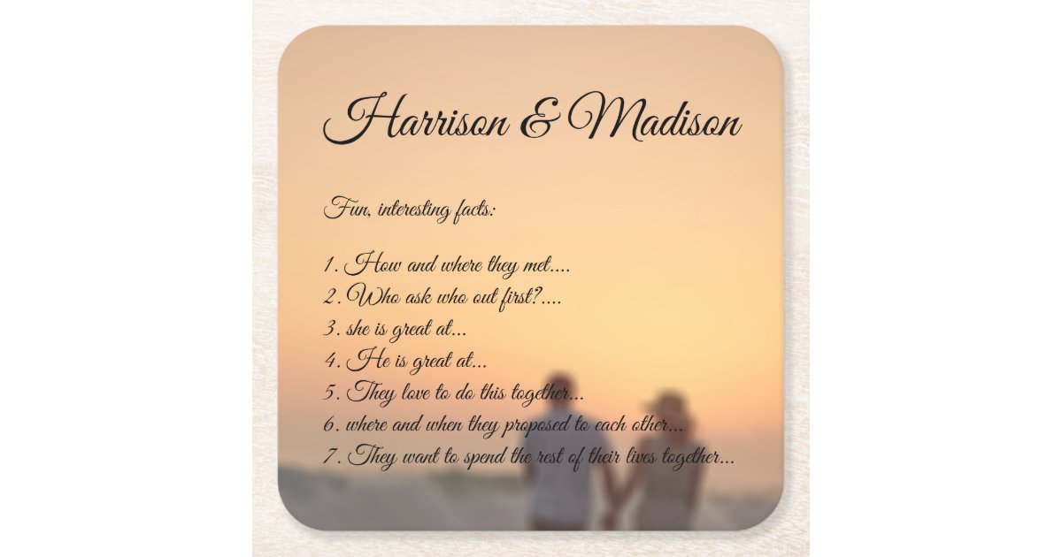 Custom photo script couple fun facts wedding square paper coaster | Zazzle