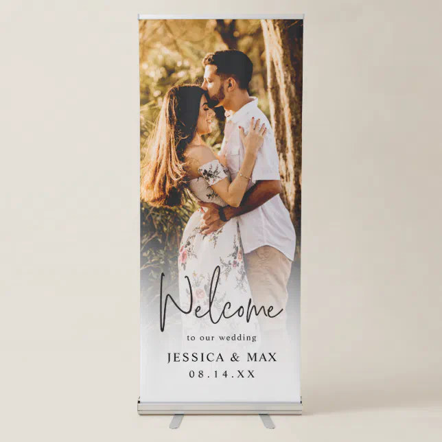 Custom Photo Script Font Wedding Welcome Retractable Banner | Zazzle