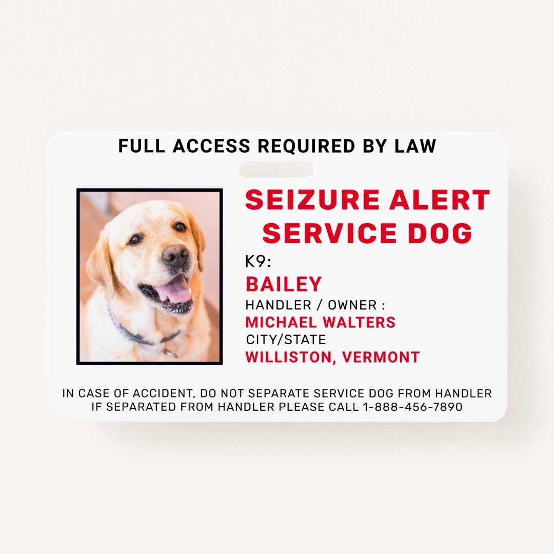 Custom Photo Seizure Alert Service Dog ID Badge | Zazzle