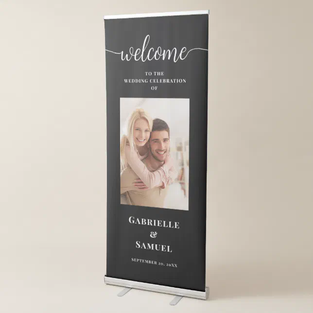 Custom Photo Simple Black Wedding Welcome Retractable Banner | Zazzle