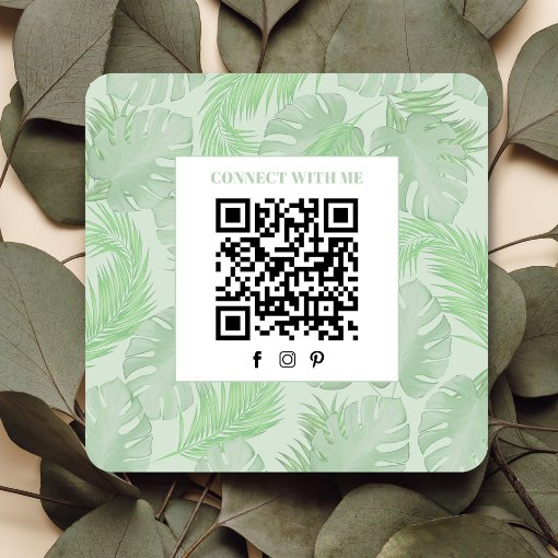 Custom Photo Social Media QR Code Palm Leaves Square Business Card | Zazzle