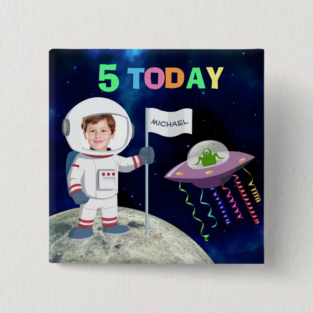Custom Photo Spaceman Birthday Kids Age Button | Zazzle