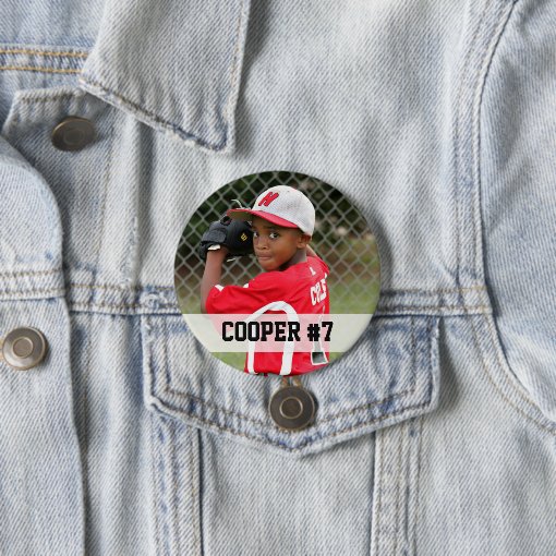 Custom photo sports button / pin with name & # | Zazzle