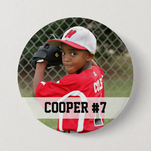 Custom photo sports button / pin with name & # | Zazzle