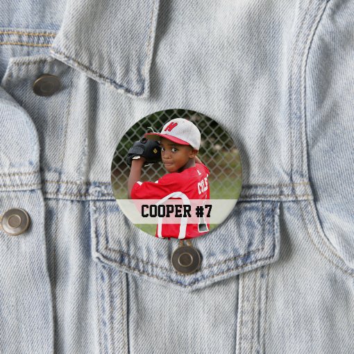Custom photo sports button / pin with name & # | Zazzle