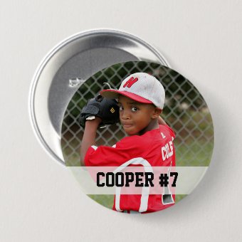 Custom photo sports button / pin with name & # | Zazzle
