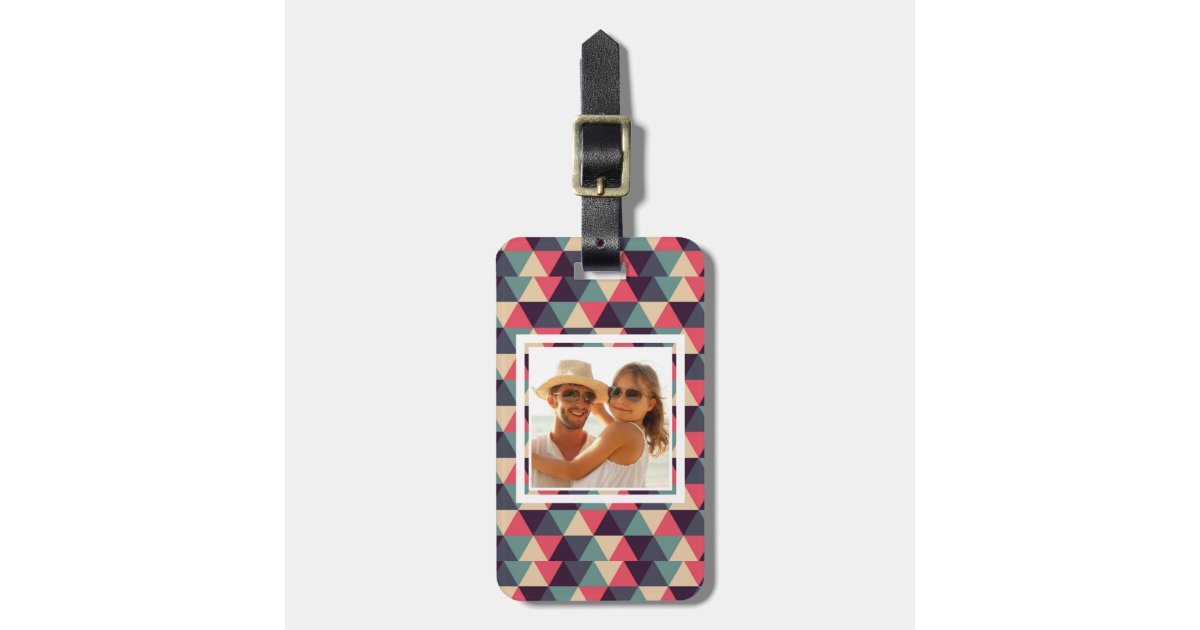 Custom Photo Teal And Pink Triangle Pattern Luggage Tag | Zazzle