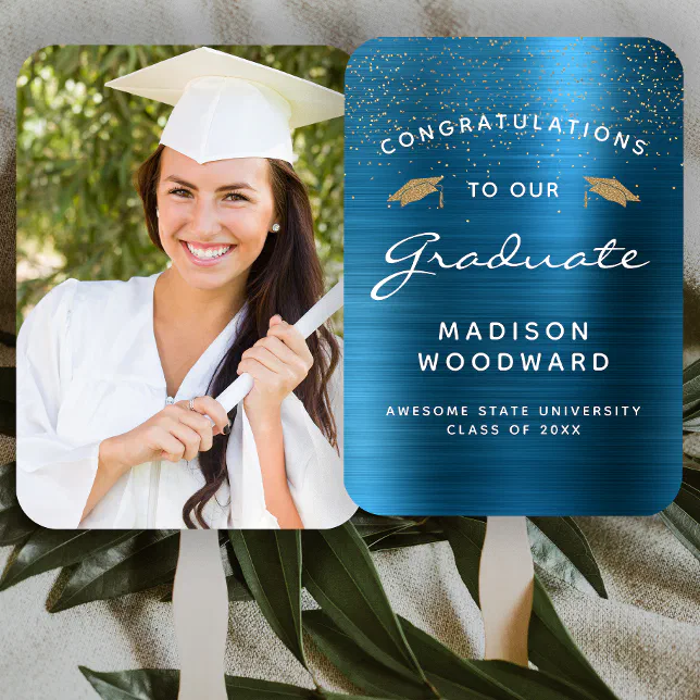 Custom Photo Teal Blue Metallic Graduation Hand Fan | Zazzle