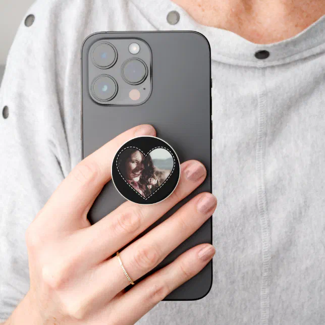 Custom Photo Template Heart Shape Frame Black PopSocket | Zazzle