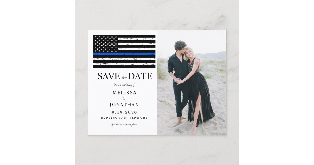 Custom Photo Thin Blue Line Police Wedding Announcement Postcard | Zazzle