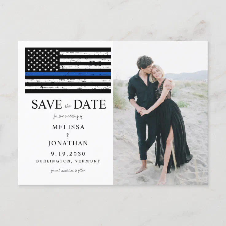 Custom Photo Thin Blue Line Police Wedding Announcement Postcard | Zazzle