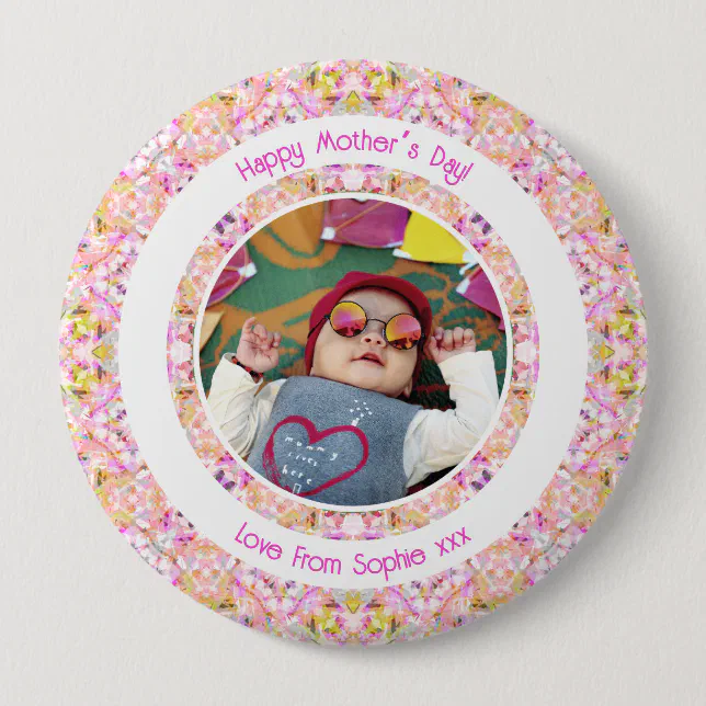 Custom Photo Vibrant Pink Happy Green Mother’s Day Button | Zazzle