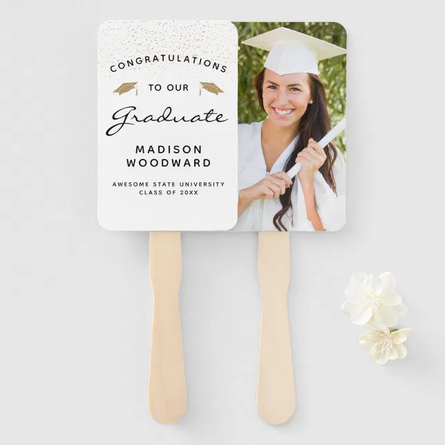 Custom Photo White Black Gold Graduation Hand Fan | Zazzle
