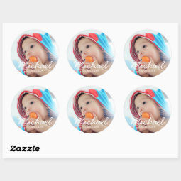 Custom Photo with Name and Date Classic Round Sticker | Zazzle