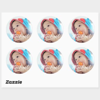 Custom Photo with Name and Date Classic Round Sticker | Zazzle