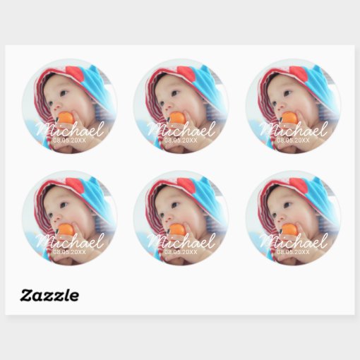 Custom Photo with Name and Date Classic Round Sticker | Zazzle