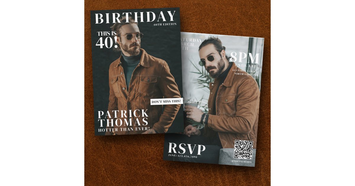 Custom Photos Birthday Magazine Cover Male 40th Invitation | Zazzle