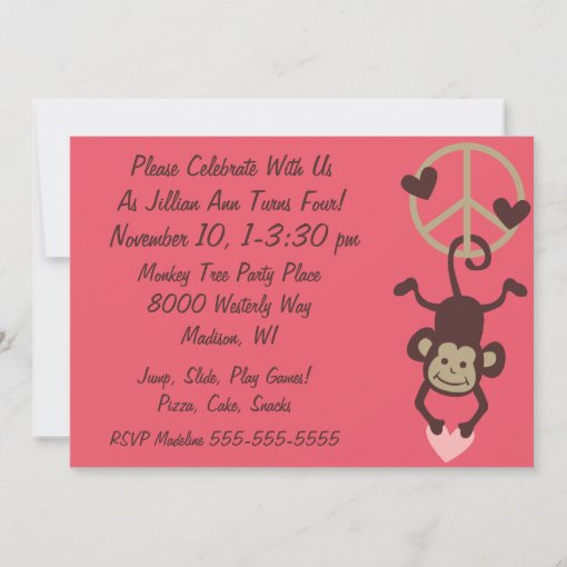Custom Photos Girls Peace Monkey Birthday Invites | Zazzle