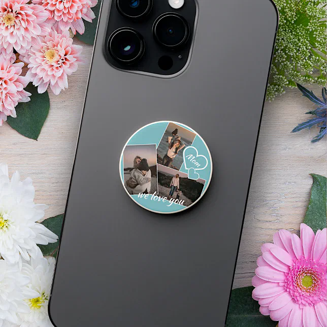 Custom Photos Grid On Turquoise Teal Blue Green PopSocket | Zazzle