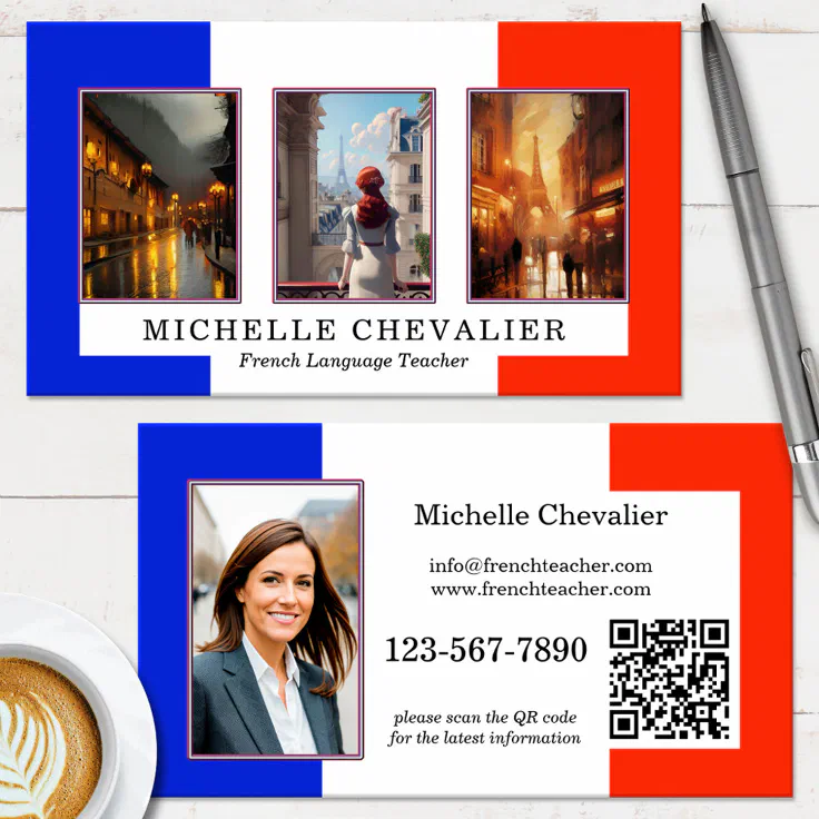 Custom Photos QR Code French Language Teacher Business Card | Zazzle