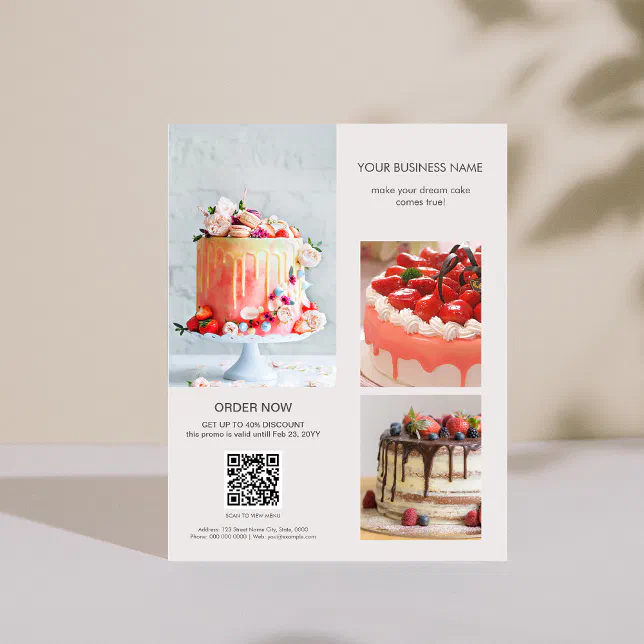 Custom Photos Scan QR Code Menu Cake Bakery Flyer | Zazzle