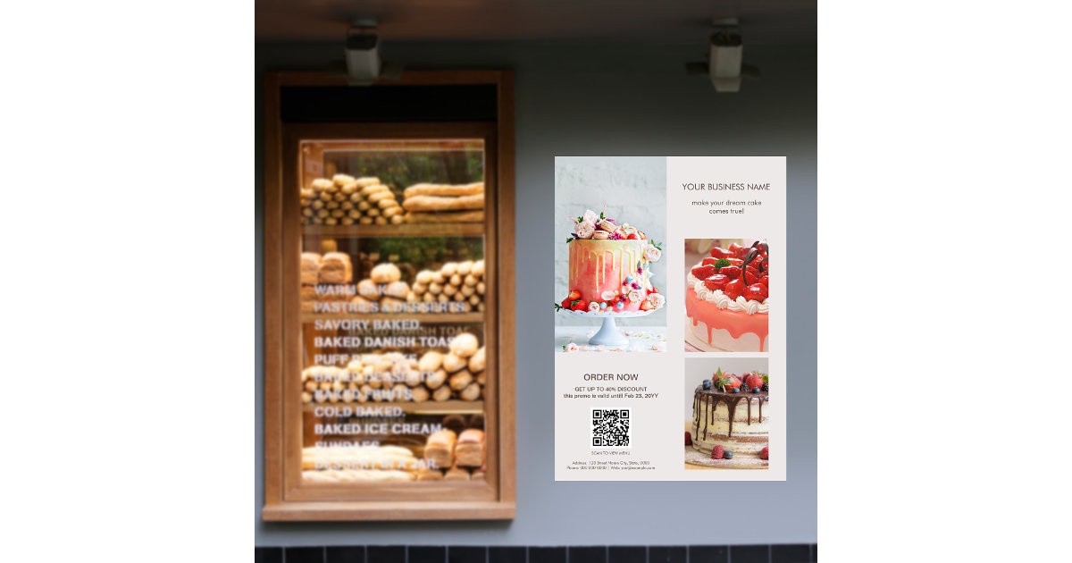 Custom Photos Scan QR Code Menu Cake Bakery Flyer Poster | Zazzle