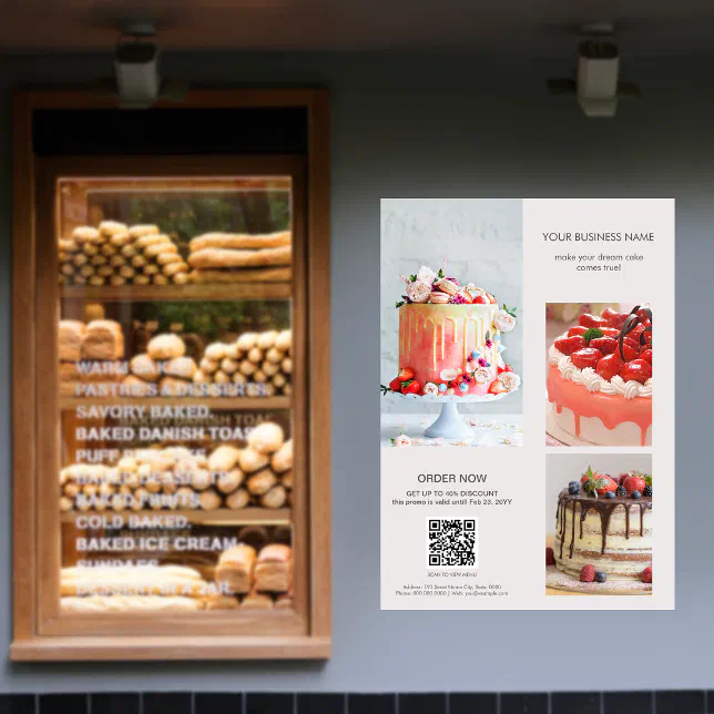 Custom Photos Scan QR Code Menu Cake Bakery Flyer Poster | Zazzle