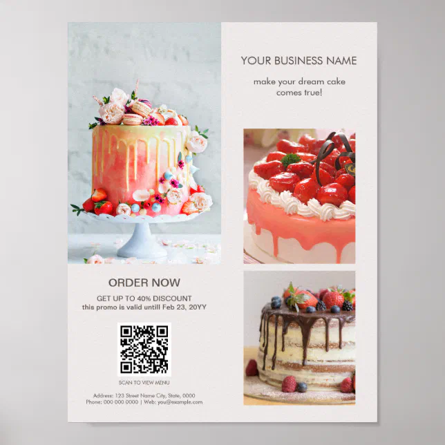 Custom Photos Scan QR Code Menu Cake Bakery Poster | Zazzle