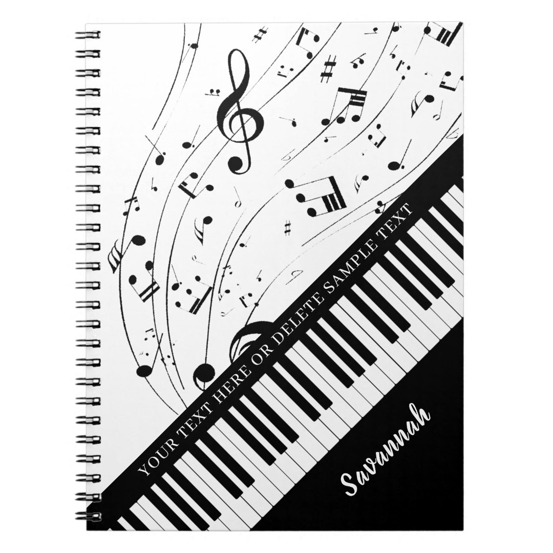 Custom Piano Music Notes Script Name Black White Notebook | Zazzle