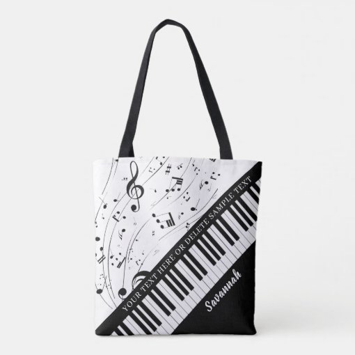Custom Piano Music Notes Script Name Black White Tote Bag | Zazzle