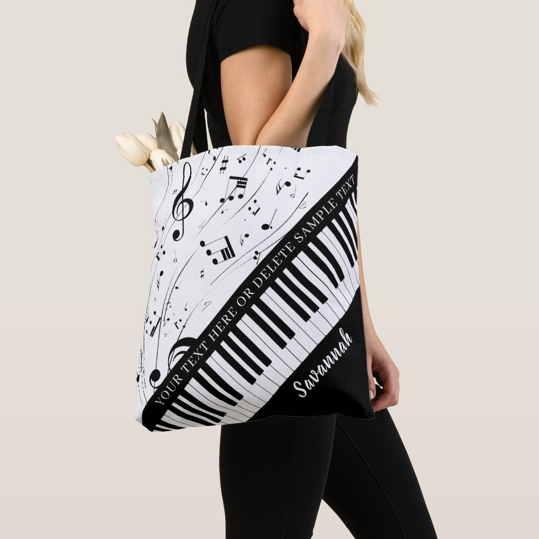 Custom Piano Music Notes Script Name Black White Tote Bag | Zazzle