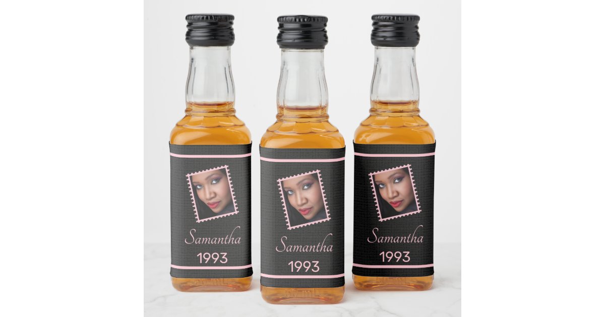 Custom Pink Black Photo Birthday Mini Liquor Bottle Label | Zazzle
