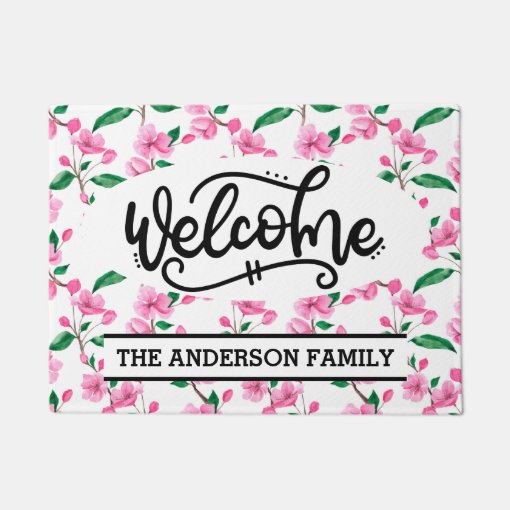 Custom Pink Cherry Blossom Floral Welcome Doormat | Zazzle