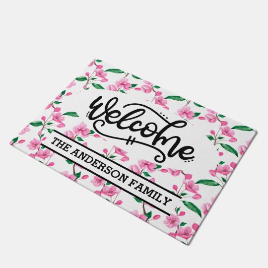 Custom Pink Cherry Blossom Floral Welcome Doormat | Zazzle.com
