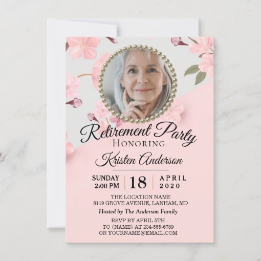 Custom Pink Floral Photo Retirement Party Invitation | Zazzle