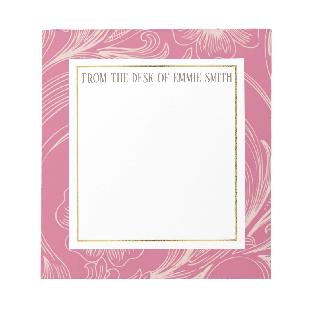 Custom Pink Floral White and Gold Notepad | Zazzle