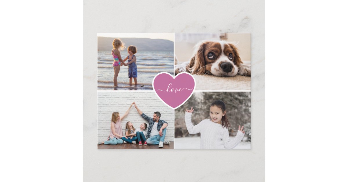 Custom Pink Heart Love Family Photo Collage Postcard | Zazzle