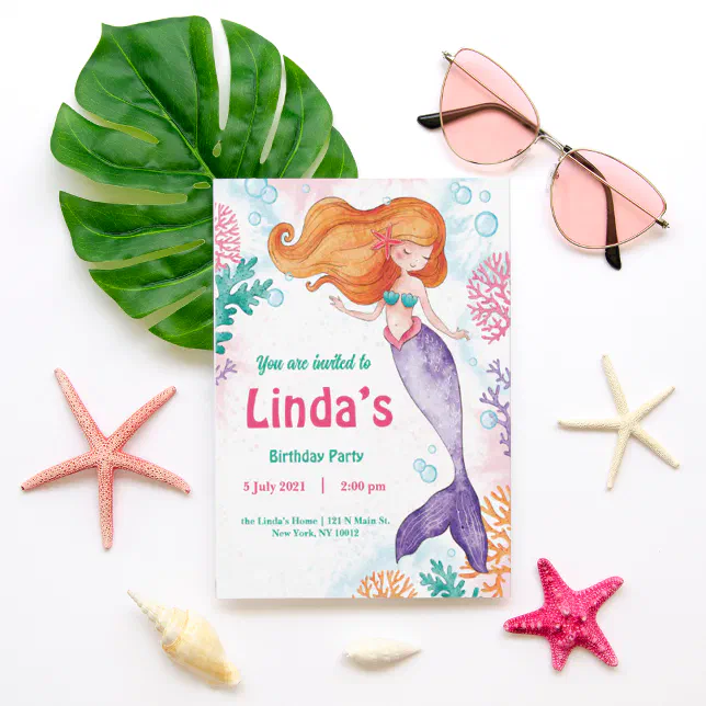 Custom pink mermaid Party Birthday Invitation | Zazzle