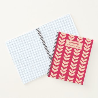 Custom Pink Retro Vibe Leaf Pattern Monogram Notebook | Zazzle
