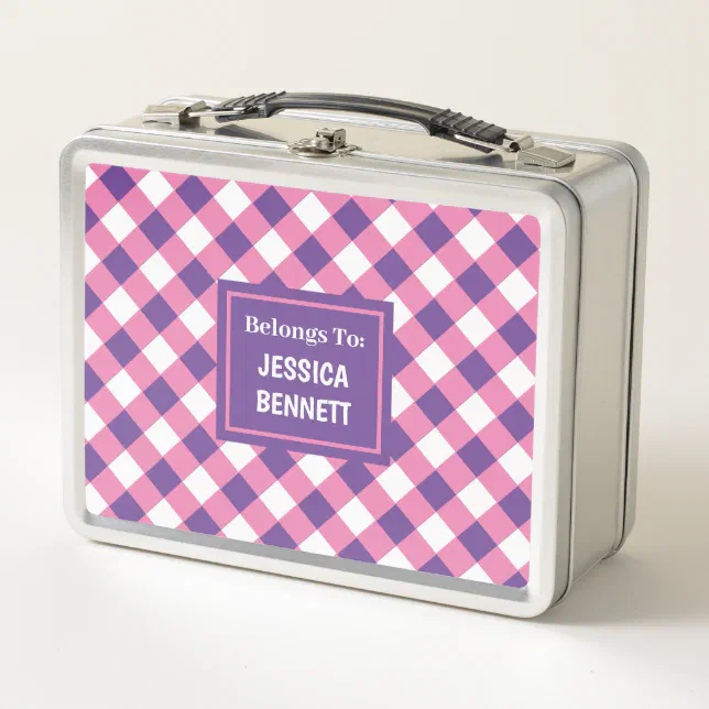 Custom Pink White Purple Checkered Pattern Kid's Metal Lunch Box | Zazzle