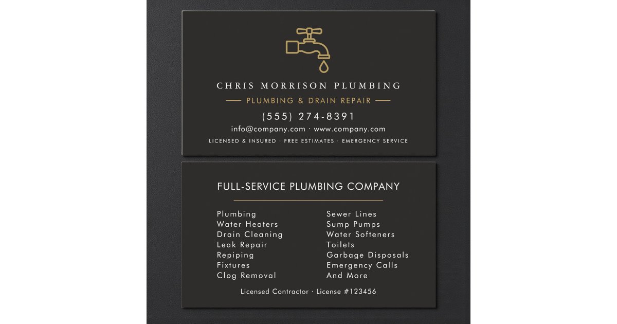 Custom Plumber Dark Elegant Black & Gold Business Card | Zazzle
