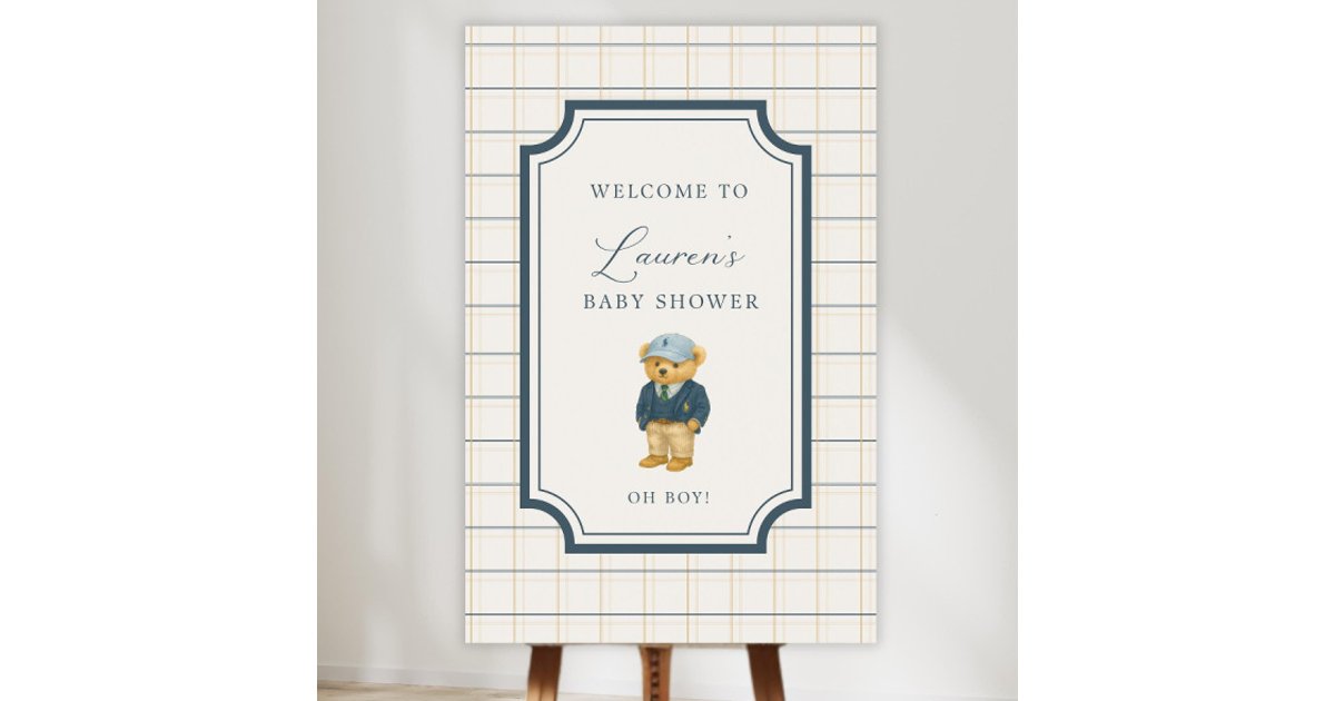 Custom Preppy Teddy Baby Shower Welcome Sign Gende | Zazzle