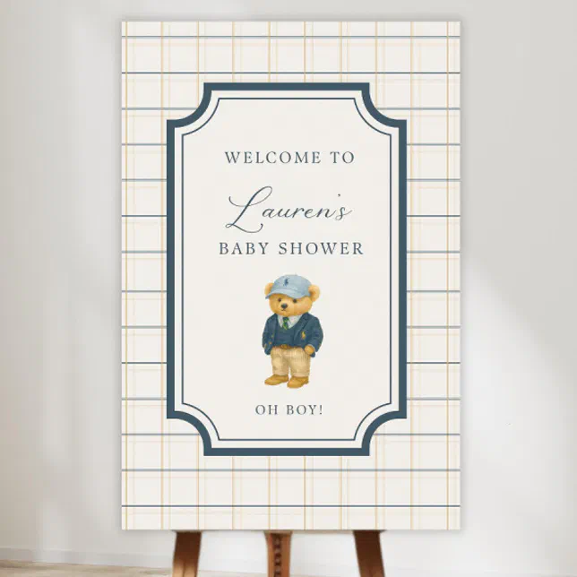 Custom Preppy Teddy Baby Shower Welcome Sign Gende | Zazzle