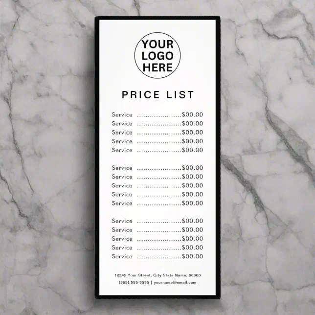 Custom Price List Services Black & White Logo Rack Card | Zazzle